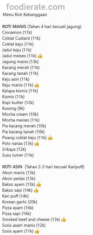 Daftar Harga Menu Roti Kebanggaan Gading Serpong 2025 | Foodierate