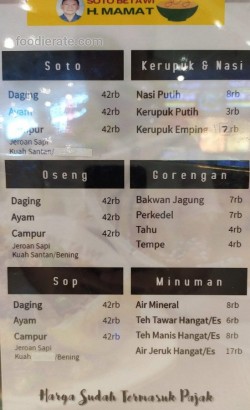 Daftar Harga Menu Soto Betawi H. Mamat 2024 | Foodierate