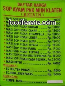 Daftar Harga Menu Sop Ayam Pak Miin Klaten Kelvin 2025 | Foodierate